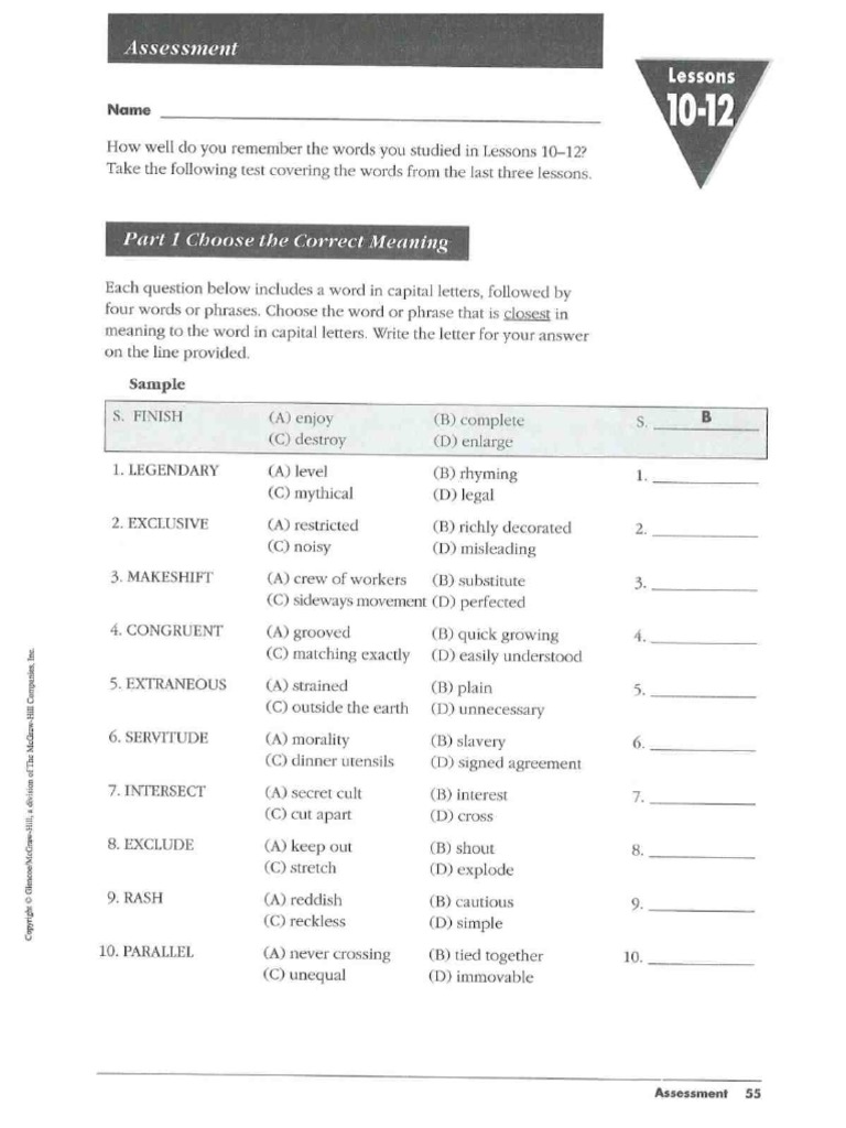 Vocabulary Builder Course 1 - Assessment (Unit 10 - 12) | PDF