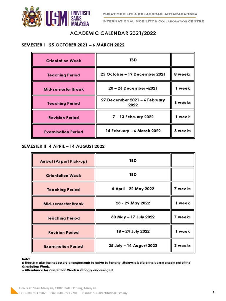 Usm Summary Academic Calendar 2021-2022 | PDF