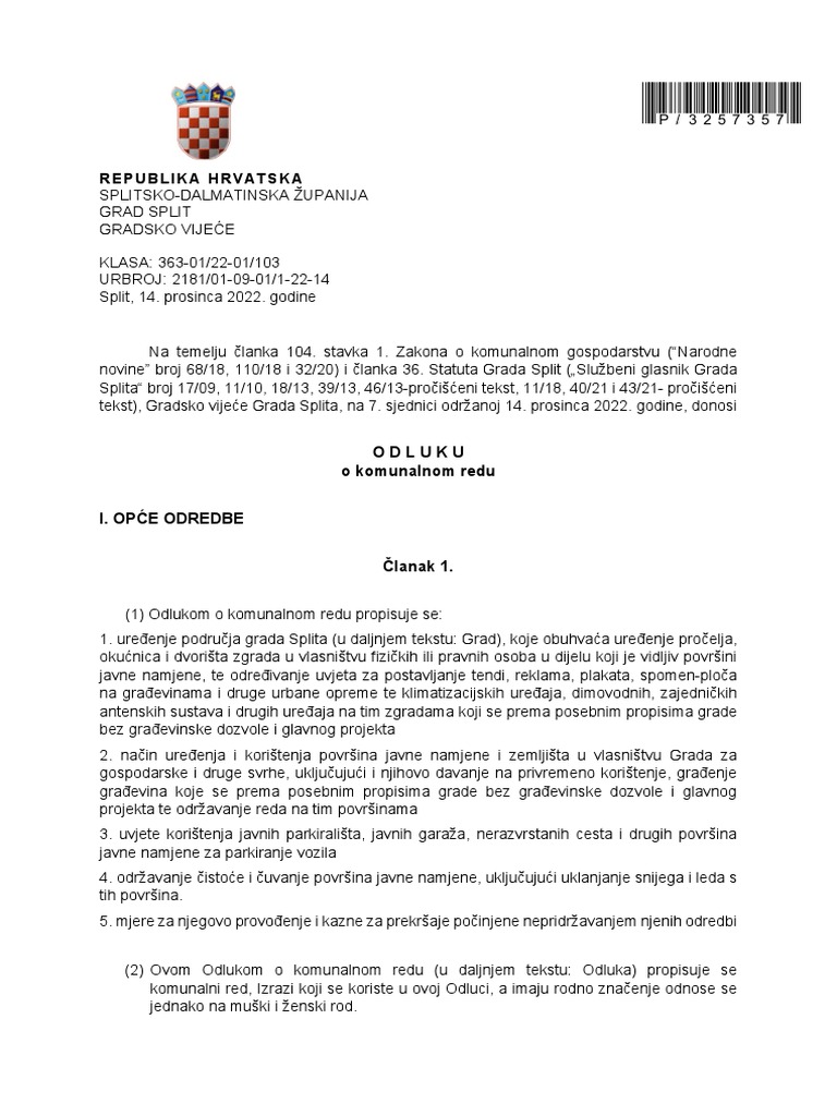 Odluka o Komunalnom Redu GV - 2022 | PDF