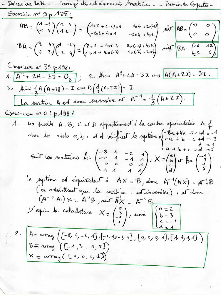 Corrigé des exercices d'entraînements Matrices | PDF