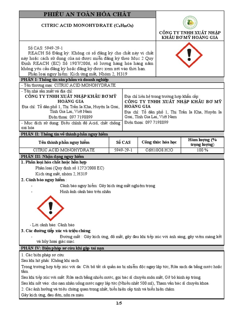 Msds - Citric Acid Monohydrate (C6h10o8) | PDF
