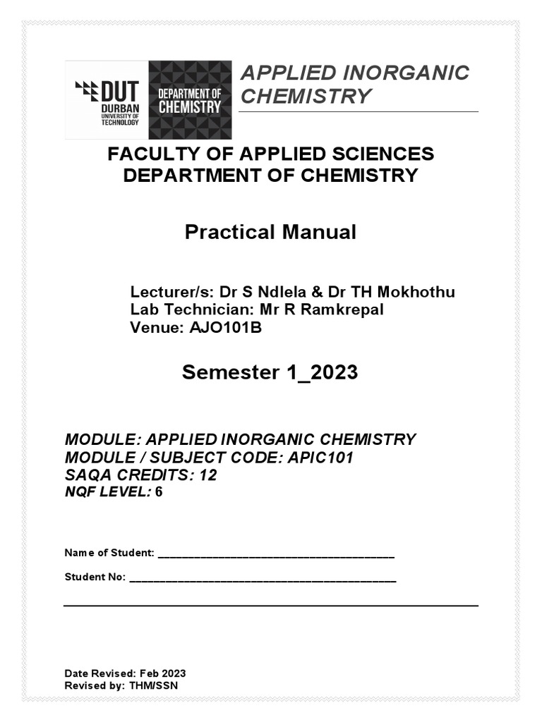 Applied Inorganic Chemistry Practical Manual | PDF | Sodium Hydroxide | Ammonia