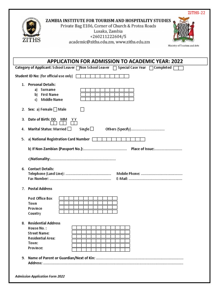 ZITHS Application Form 2022 | PDF