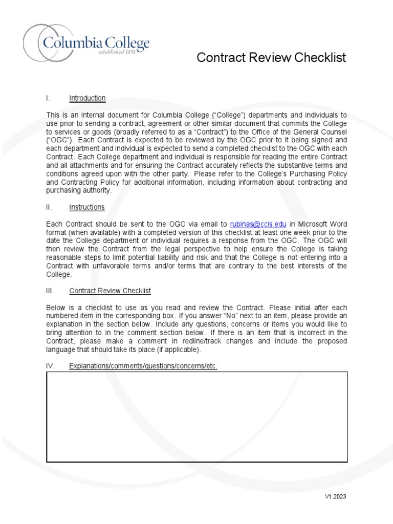 Columbia College Contract Review Checklist | PDF | Addendum | Justice
