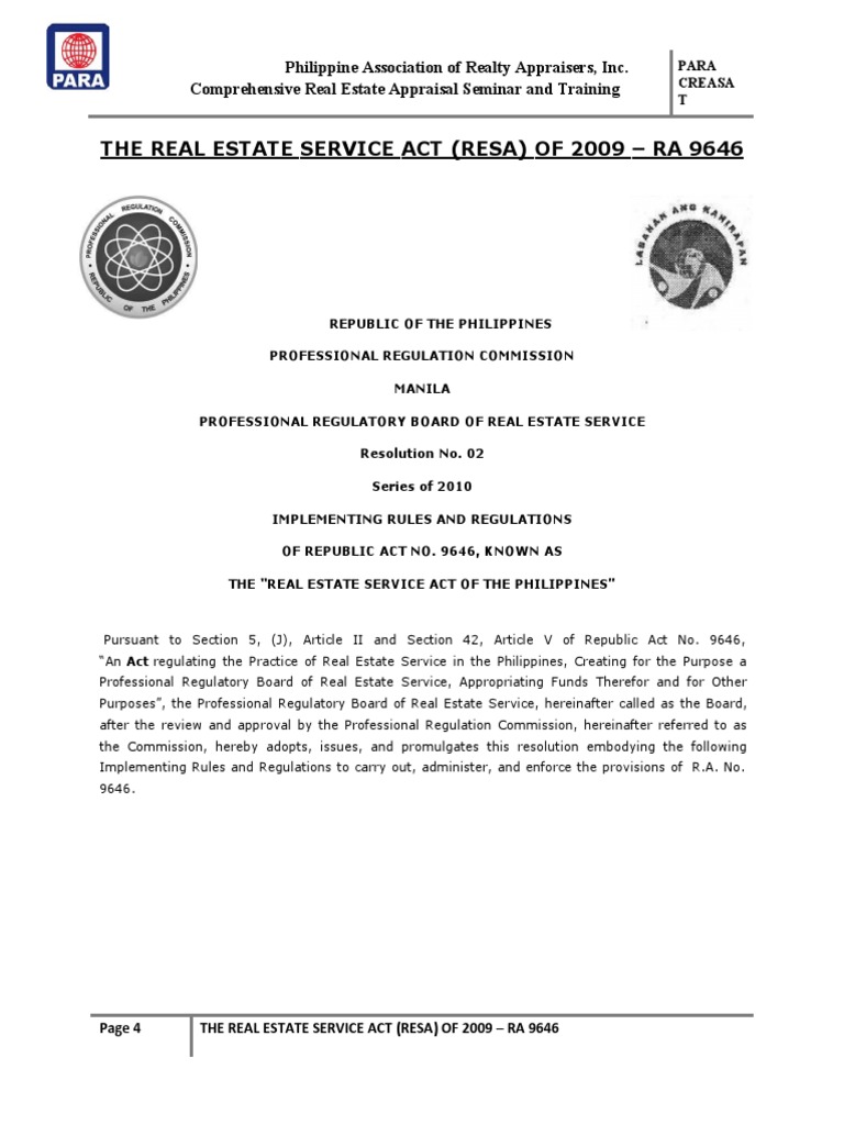 The Real Estate Service Act Resa of 2009 - Ra 9646 | PDF | Real Estate ...