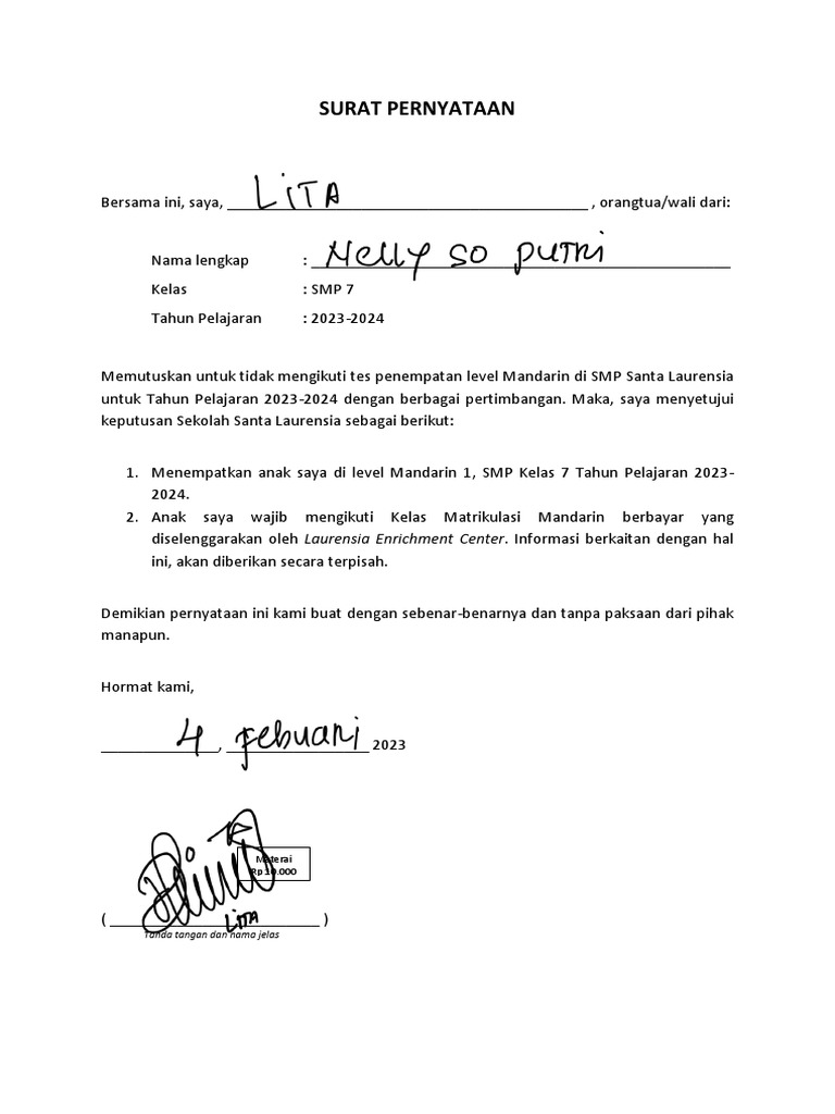 Surat Pernyataan Tidak Ikut Kelas Mandarin | PDF