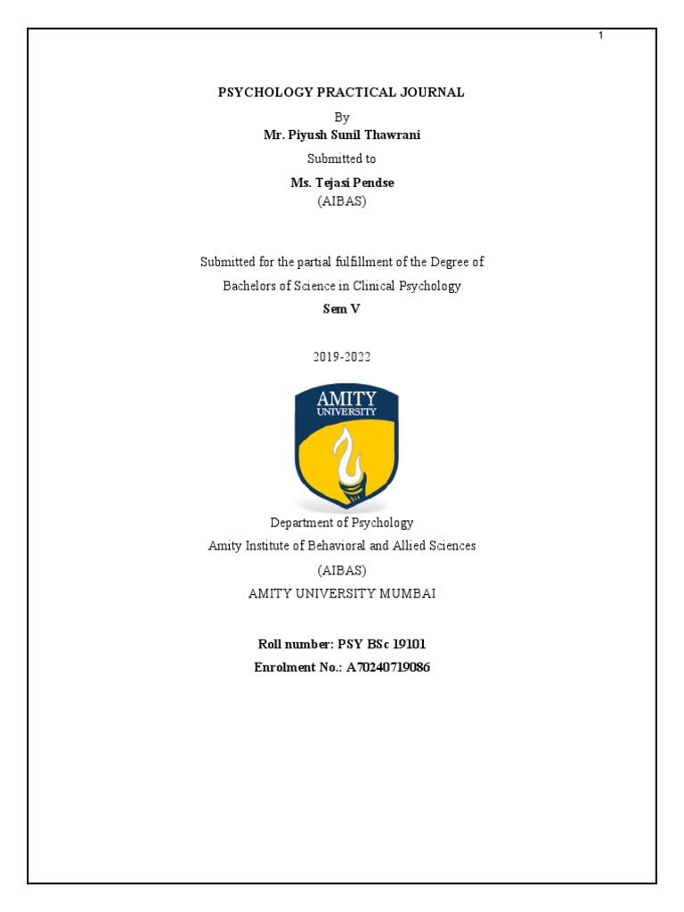 PSYCHOLOGY PRACTICAL JOURNAL - Piyush Thawrani - Sem 5 | PDF