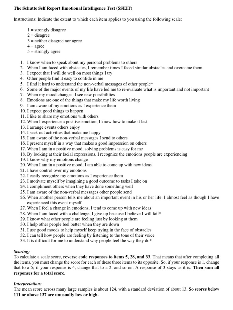 The Schutte Self Report Emotional Intelligence Test (SSEIT) | PDF ...