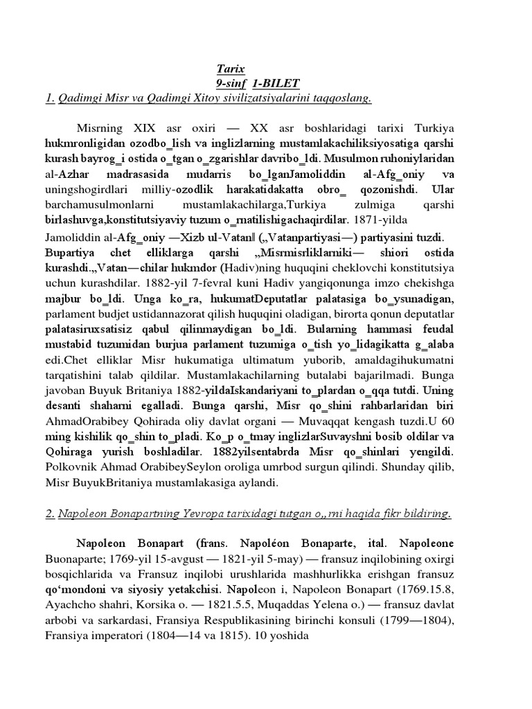 @imtihonlar Kanali Uz 9 Sinf Tarix 2021 | PDF