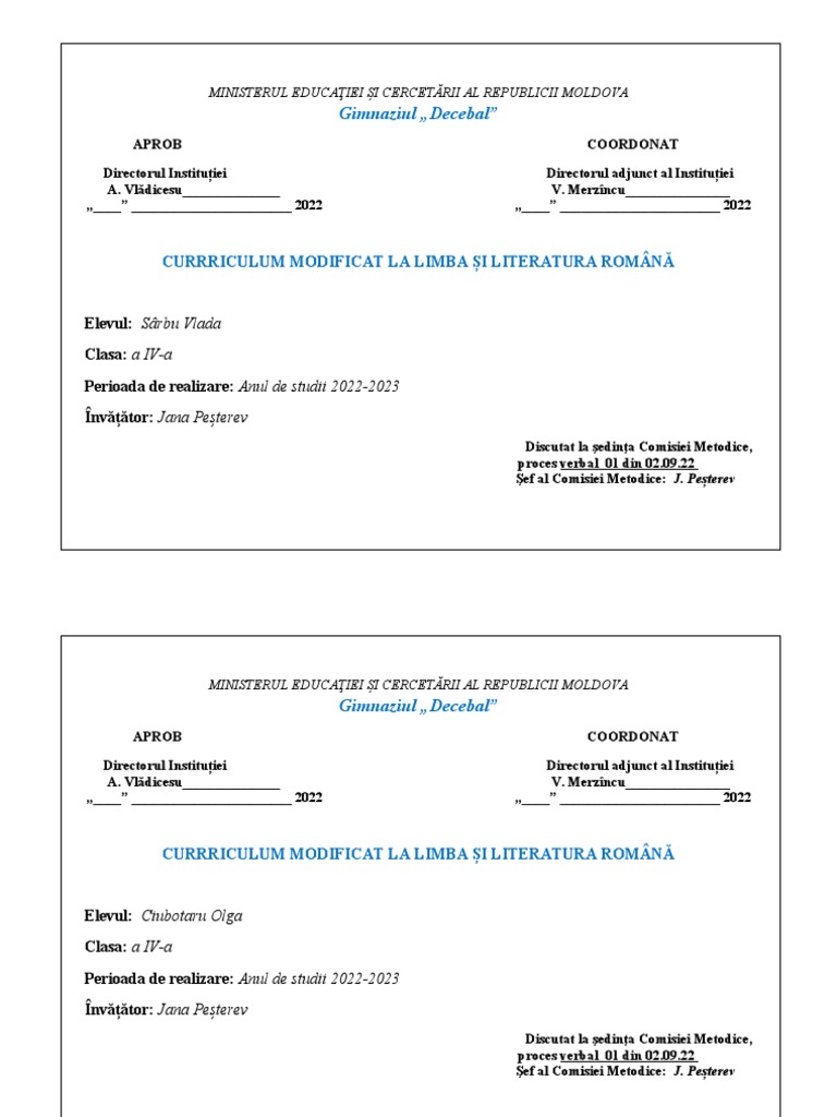 Curriculum Modificat Clasa 4 | PDF