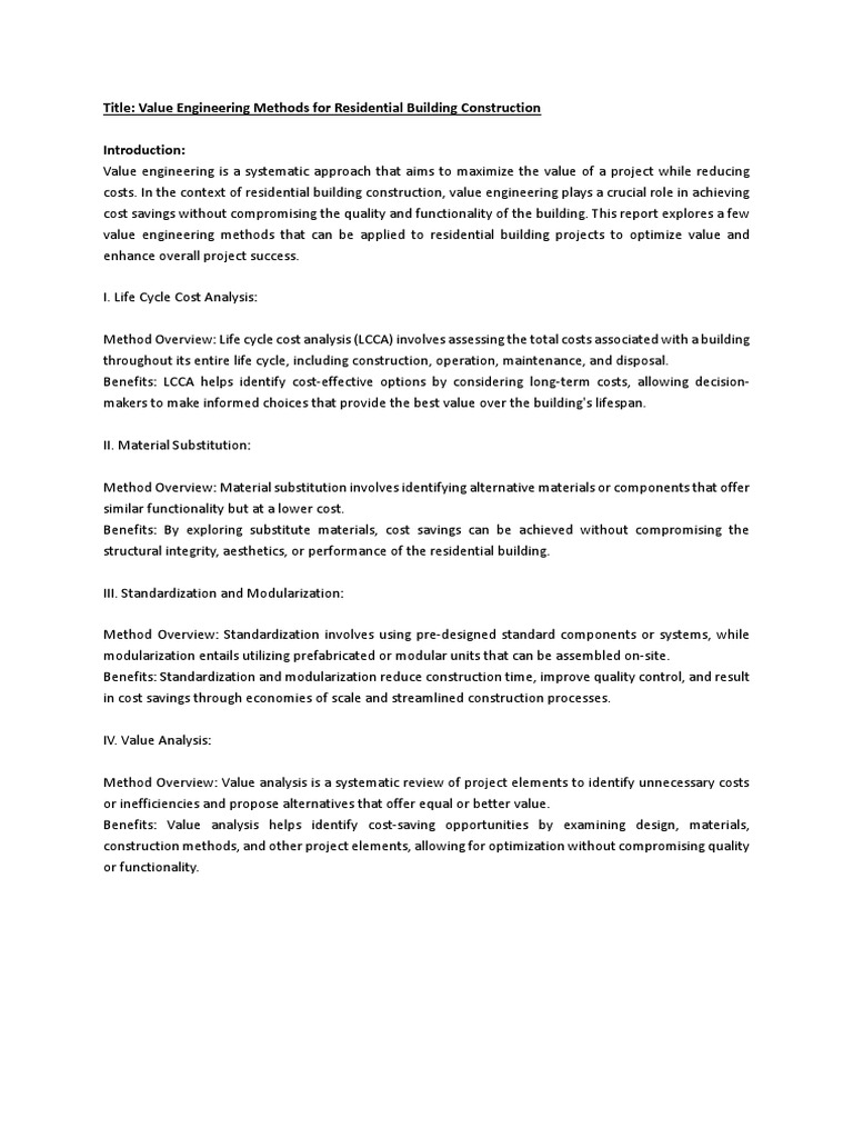 Value Engineering Methods for Residential Building Construction | PDF ...