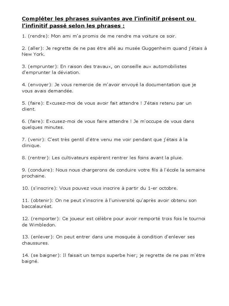 Exercices sur l'infinitif passé et présent | PDF