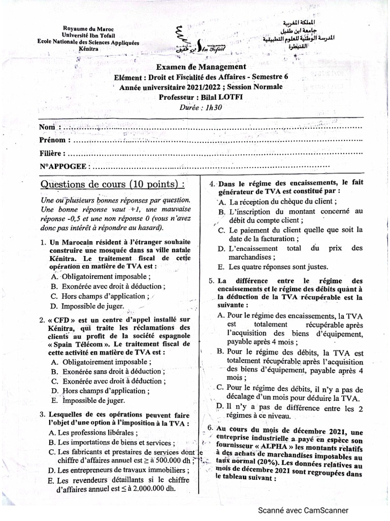 Examen de Fiscalité 2021-2022 | PDF