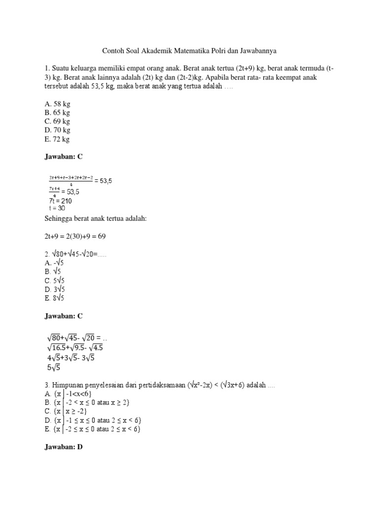 Contoh Soal Akademik Matematika Polri Dan Jawabannya | PDF