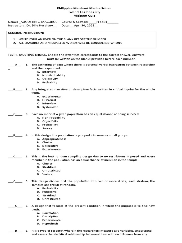 Research Midterm Quiz | PDF | Sampling (Statistics) | Validity (Statistics)