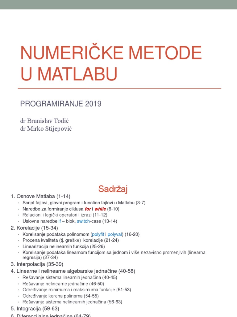 Numericke Metode U Matlabu (Pomocna Literatura) | PDF