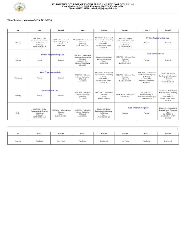 Time Table-Ist semester-MCA 2022-2024 | PDF Time Table-Ist semester-MCA 2022-2024 | PDF