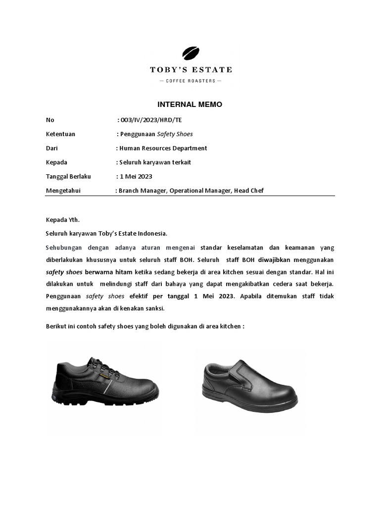 INTERNAL MEMO - Penggunaan Safety Shoes TE | PDF