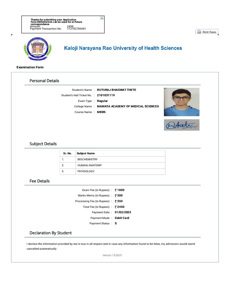 KNRU Exam Enrollment Form receipt | PDF