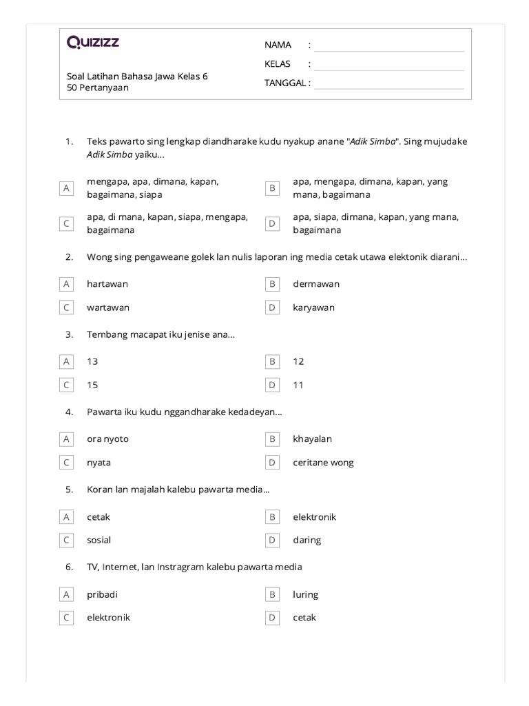 Soal Latihan Bahasa Jawa Kelas 6 | PDF