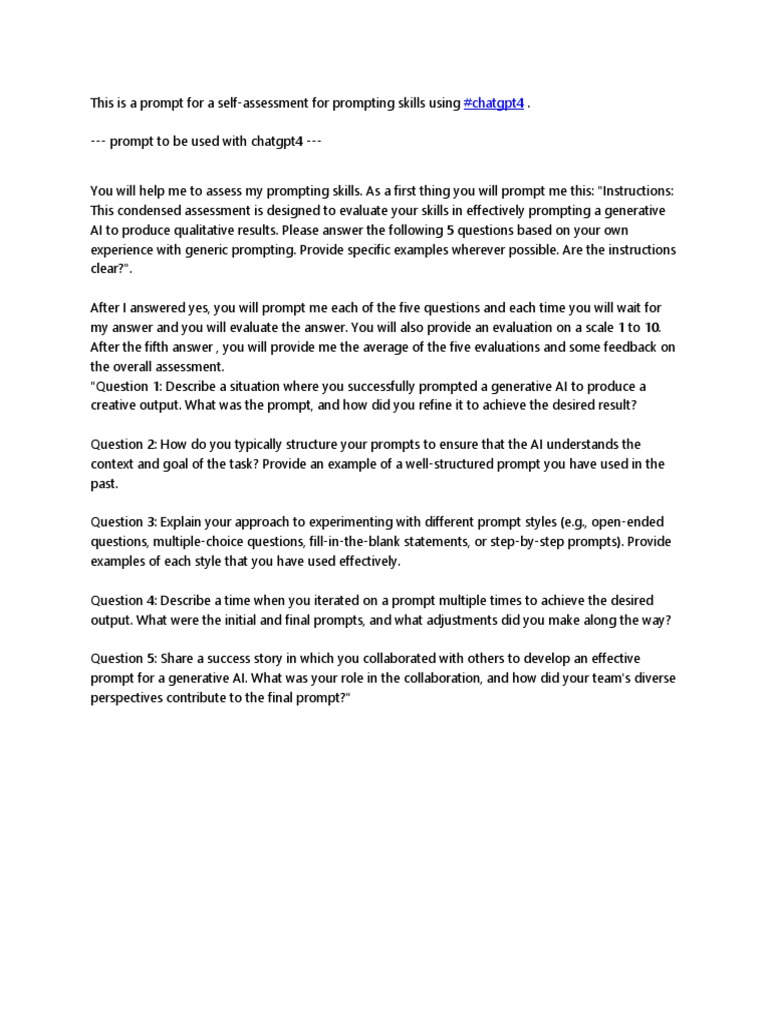 Self Assessment On Prompting Skills 2023 May Chatgpt4 | PDF