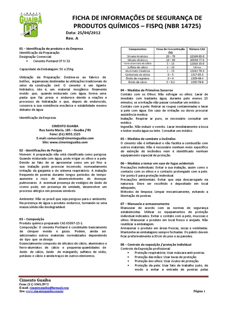 FISPQ CIMENTO GUAÍBA Cimento CP IV | PDF