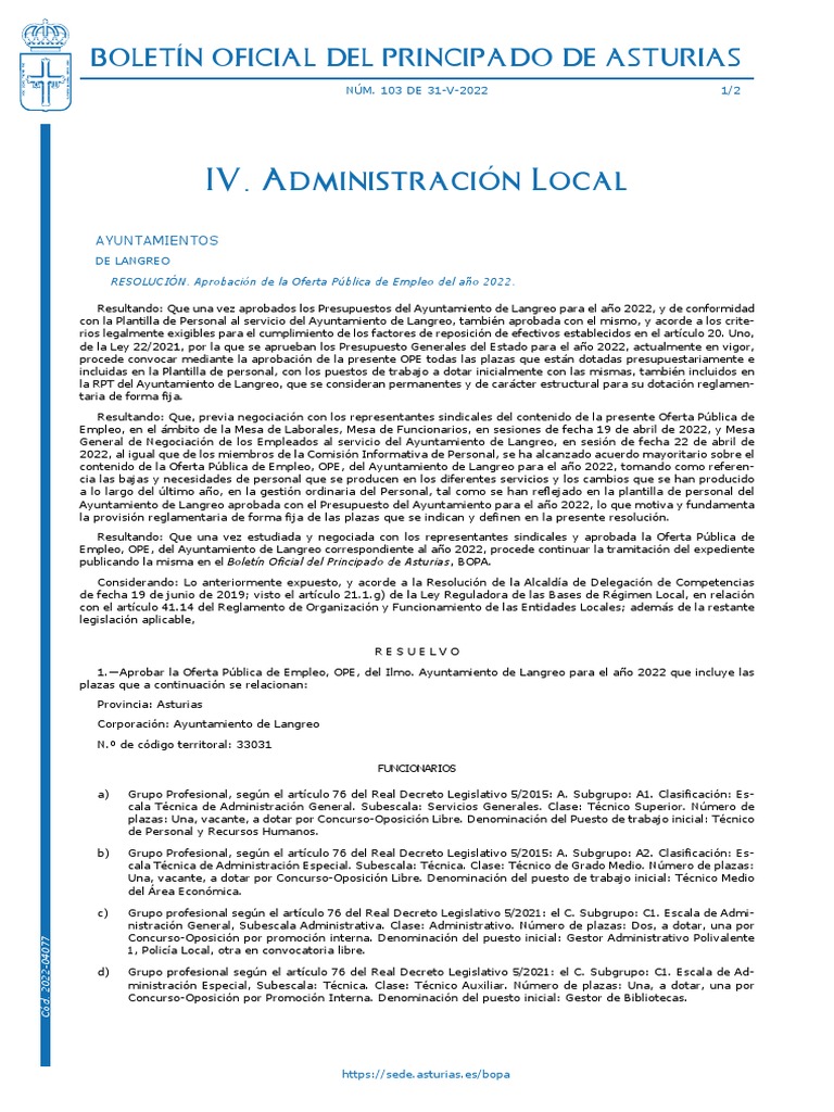 Publicación de La Ope 2022 en Bopa 31 de Mayo de 2022 | PDF | Gobierno local | Gobierno