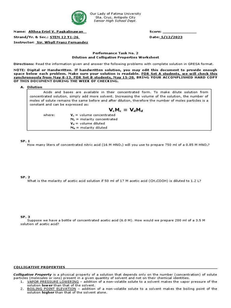 Chemistry Colligative Properties Worksheet