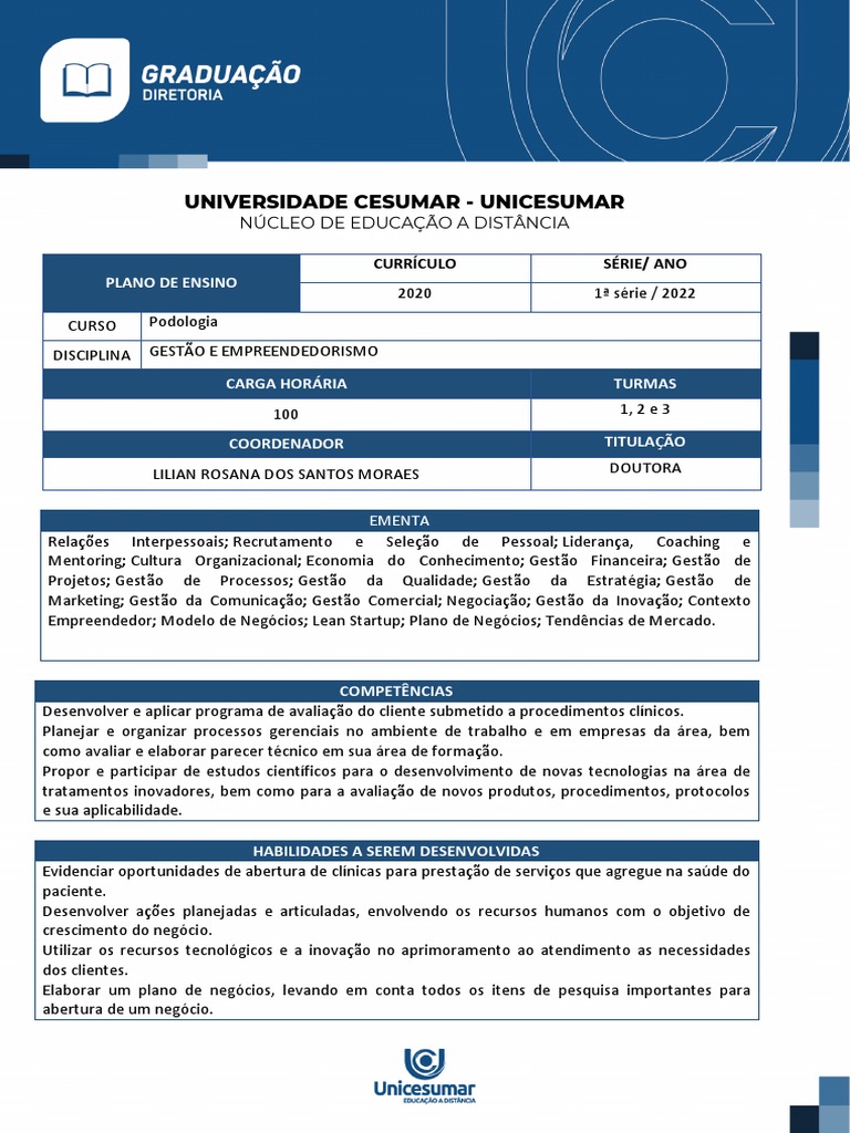 Universidade Cesumar - Unicesumar: Plano de Ensino | PDF | Gestão de ...