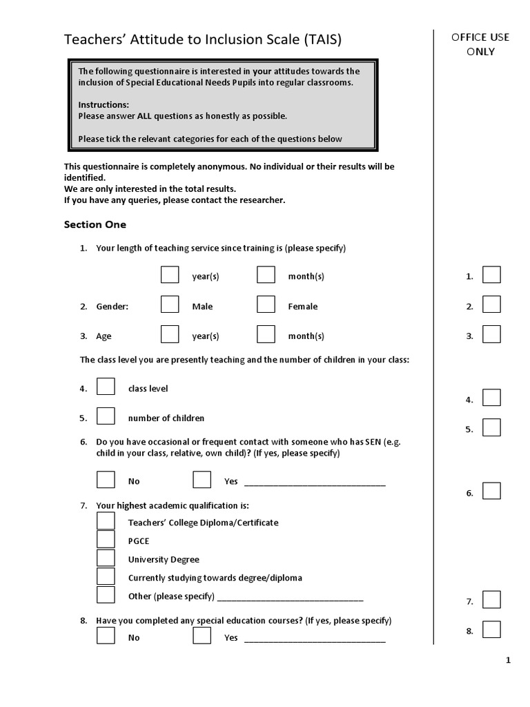 TAIS Questionnaire | PDF | Inclusion (Education) | Teachers