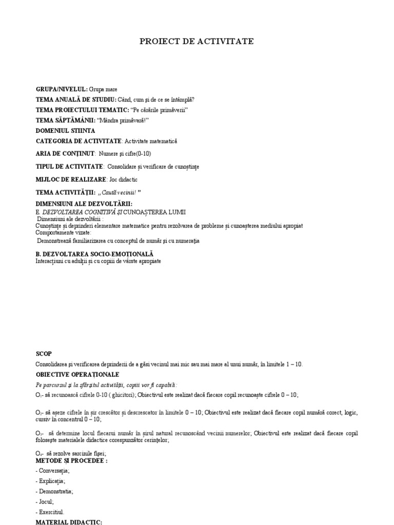 Proiect Didactic DS-1 | PDF