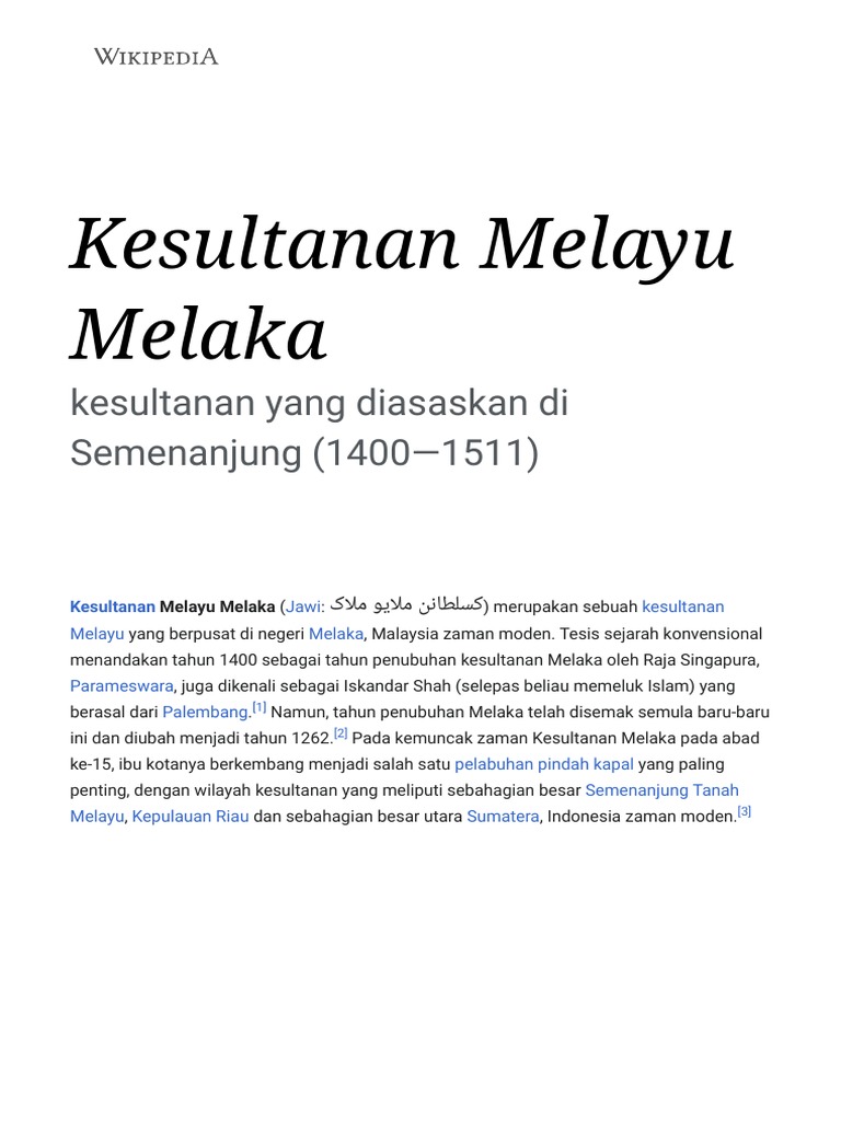 Kesultanan Melayu Melaka - Wikipedia Bahasa Melayu, Ensiklopedia Bebas | PDF