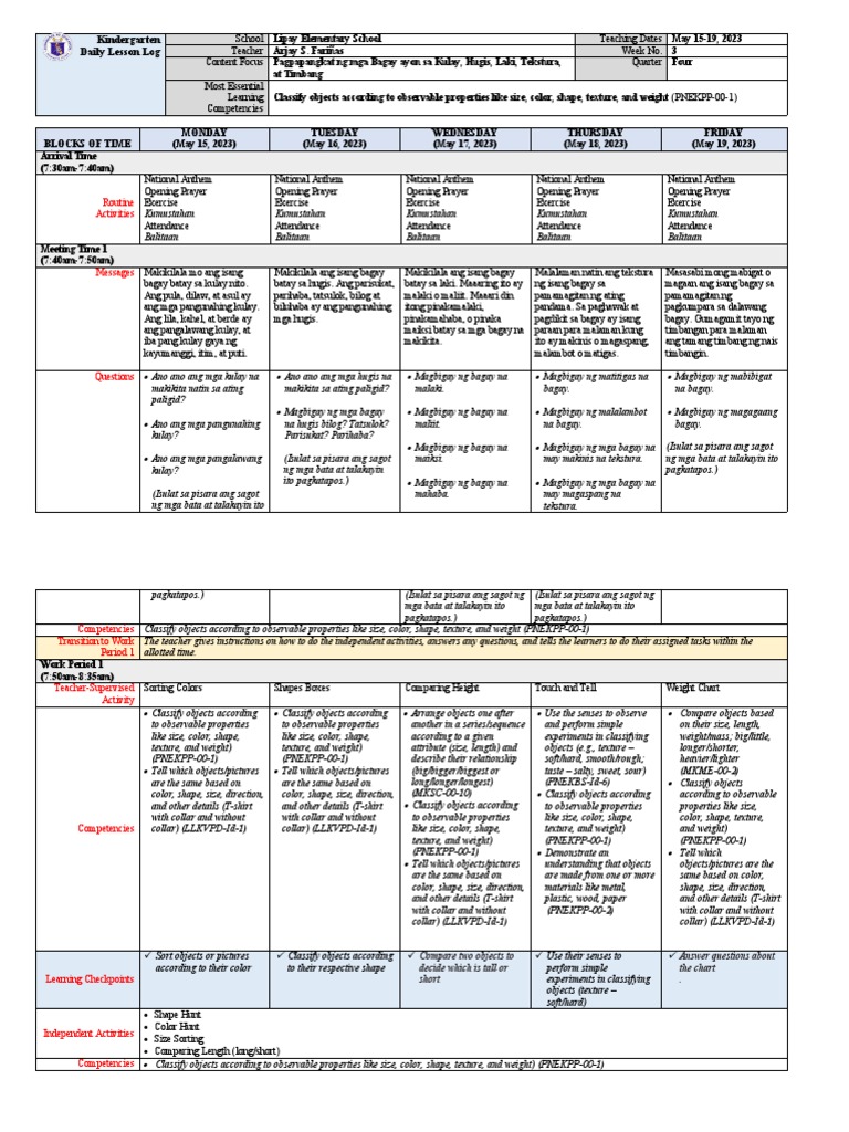 Kindergarten-DLL-MELC-Q4-Week 3 Asf | PDF