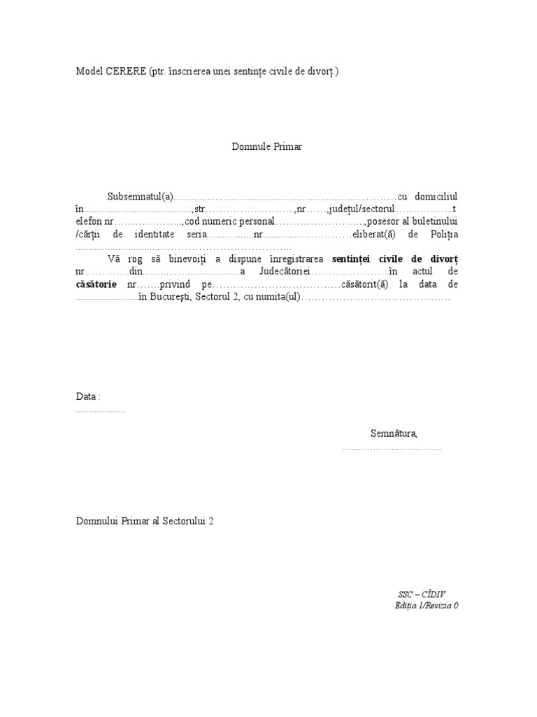 Cerere Inscriere Divort Anulare Casatorie (1) | PDF
