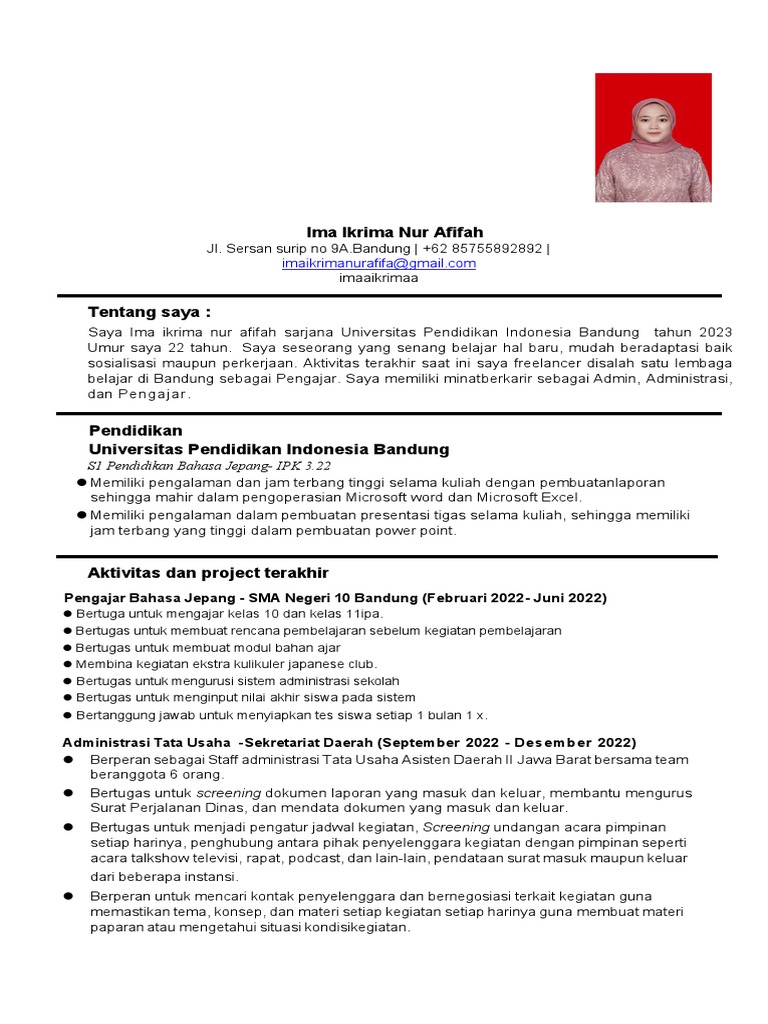 CV - Ima Ikrima Nur Afifah | PDF