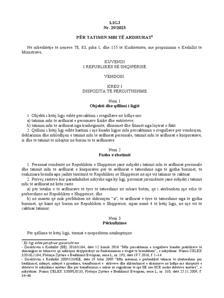 LIGJ NR. 29 2023 PER TATIMIN MBI TE ARDHURAT | PDF