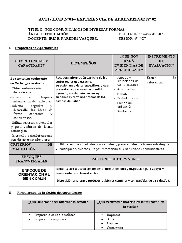 Acti. 01 - Com. 4° - C - Unid.02 - Iris | PDF | Comunicación | Evaluación