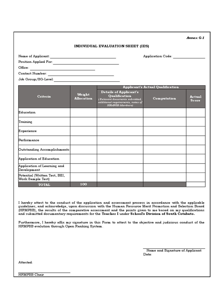 Initial Evalution Sheet IES Annex G 1 | PDF | Teachers | Cognition
