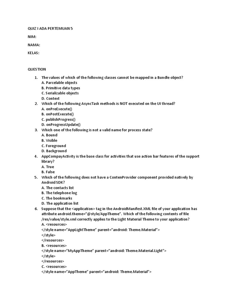 Quiz 5: Android Fundamentals | PDF | Menu (Computing) | Android (Operating System)