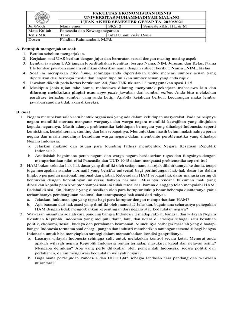 UAS Pancasila dan Kewarganegaraan 2021 | PDF