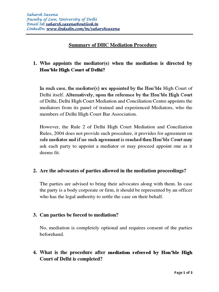Summary of the Delhi High Court Mediation Procedure | PDF