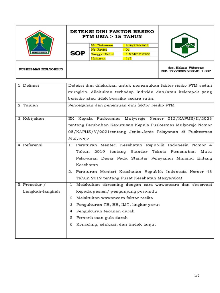Sop Deteksi Dini Faktor Resiko PTM Perlu Revisi | PDF