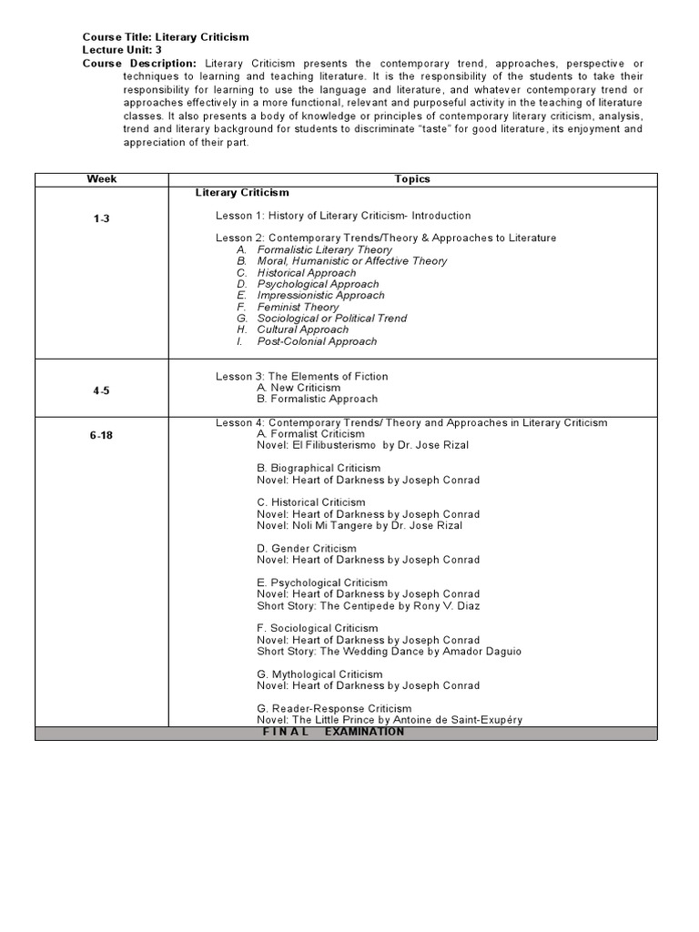 Literary Criticism Course Outline | PDF