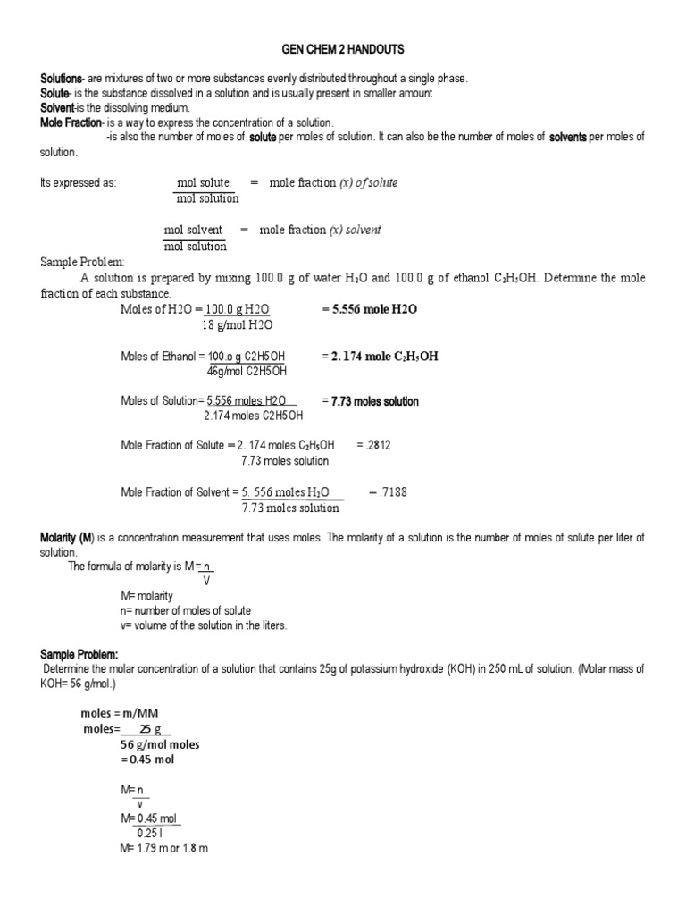 Gen Chem 2 Handouts | PDF | Mole (Unit) | Concentration Gen Chem 2 Handouts | PDF | Mole (Unit) | Concentration
