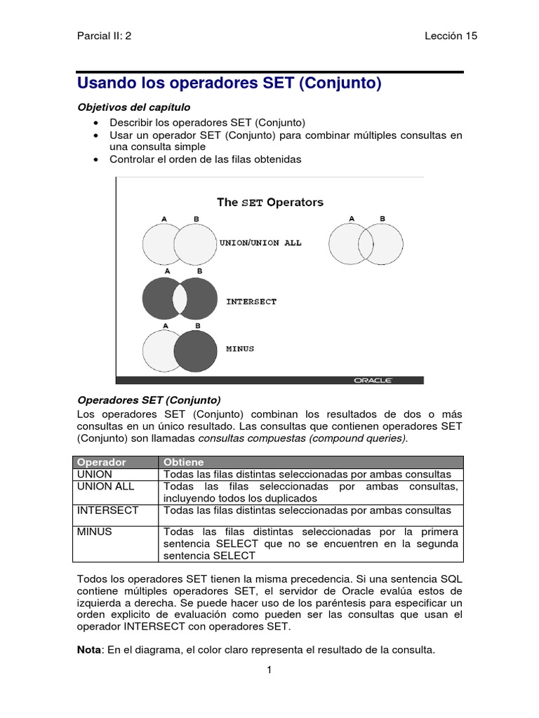Usando Los Operadores SET (Conjunto) | PDF | SQL | Informática
