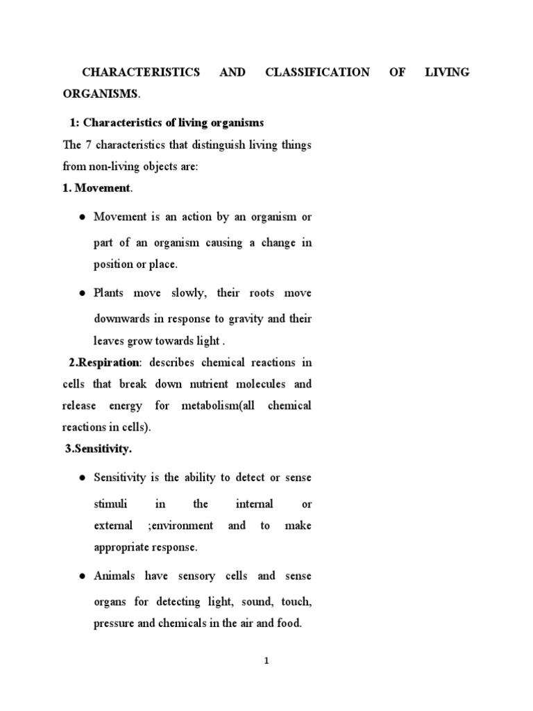 Characteristics and Classification of Living Organisms Notes | PDF ...
