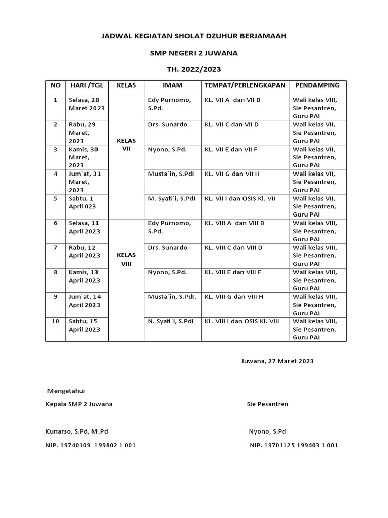 JADWAL KEGIATAN SHOLAT DZUHUR BERJAMAAH (1) | PDF