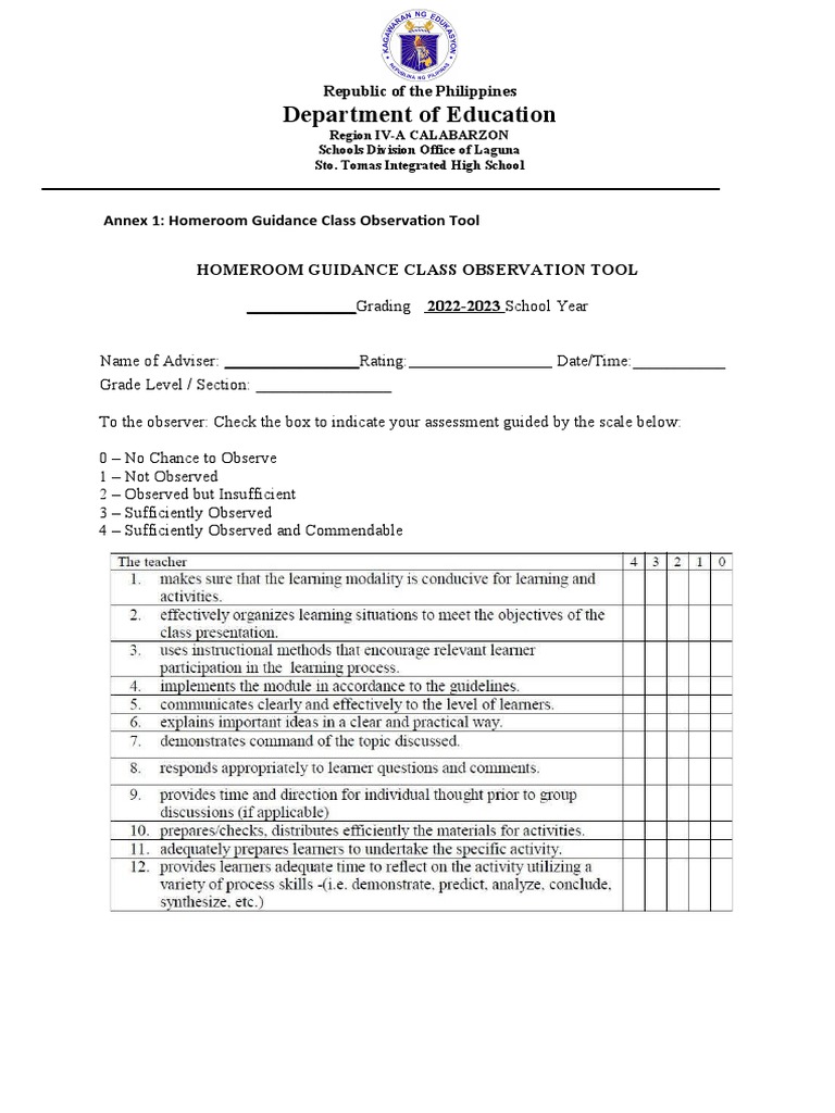 Stihs Homeroom Guidance Observation Tool | PDF