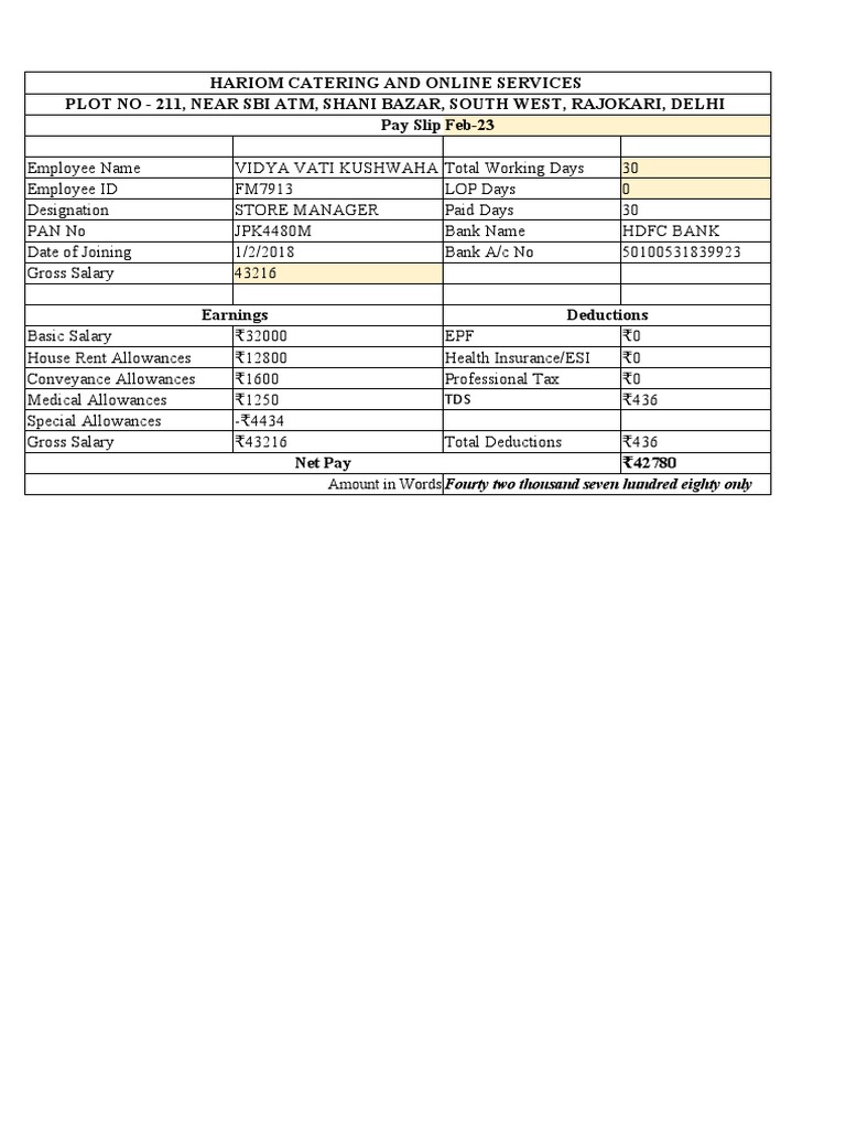 Salary Slip Format in Excel With Formulas 1 | PDF