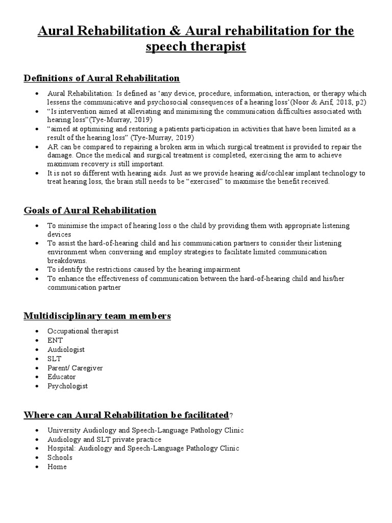 Aural Rehabilitation For AUD and SLT | PDF | Audiology | Hearing Loss